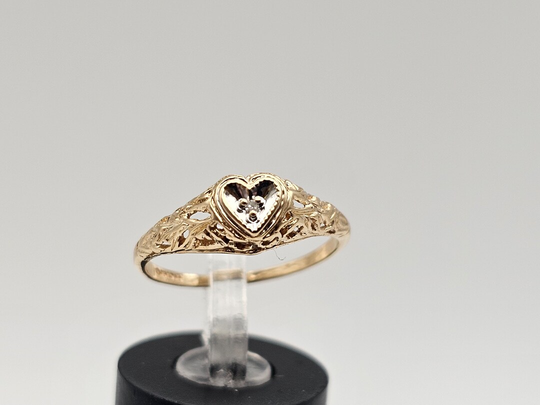Diamond Heart Ring in 14kt Gold, Vintage Heart Ring, Sweetheart Ring ...