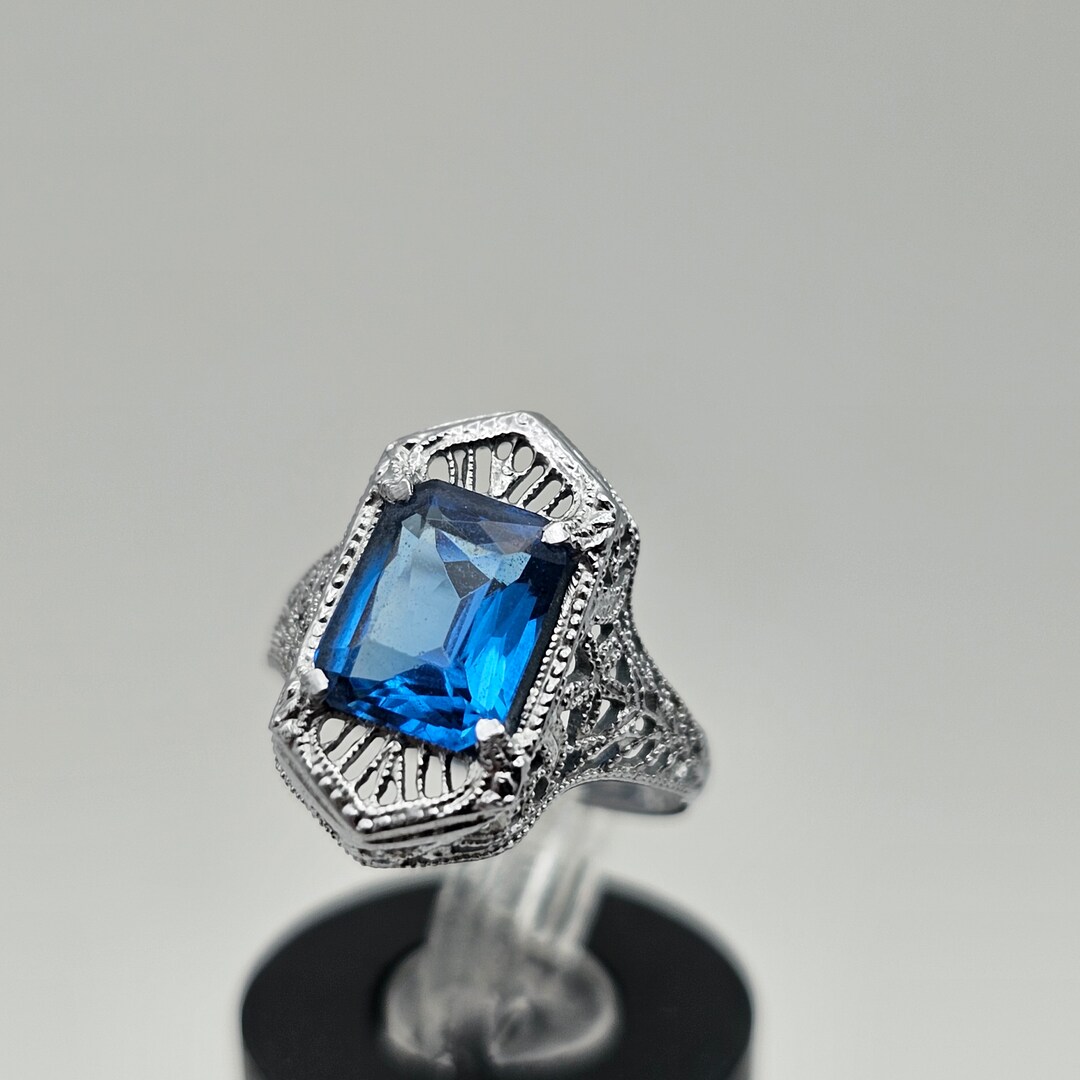Antique Filigree Blue Glass Ring, 14k White Gold, Synthetic Blue Spinel ...