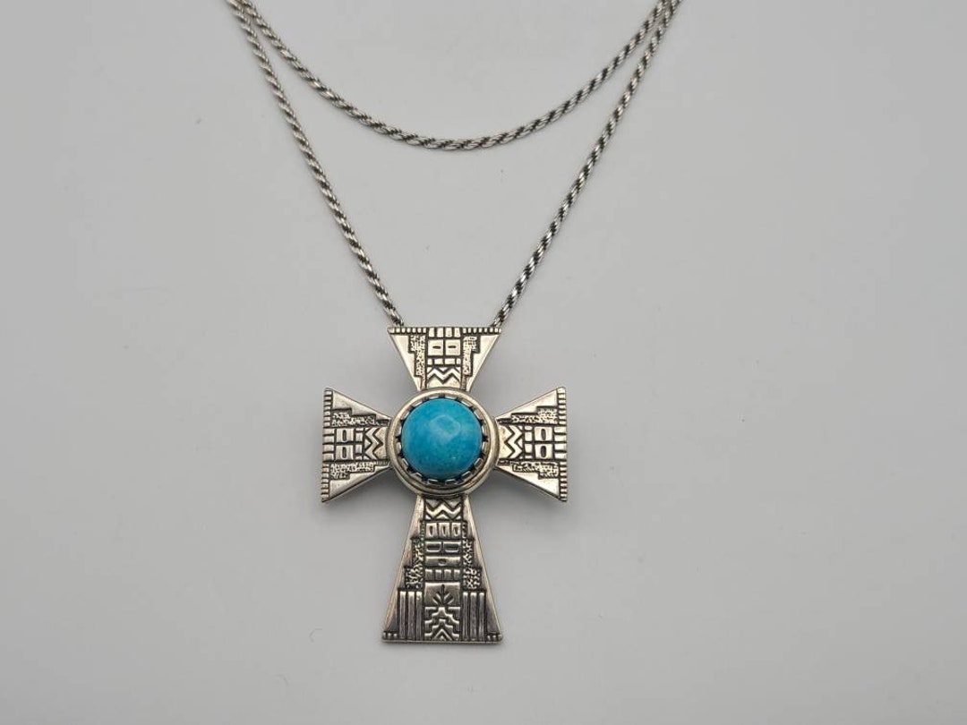 Turquoise Maltese Cross Necklace in 925 Silver, Artisan Signed Roderick ...