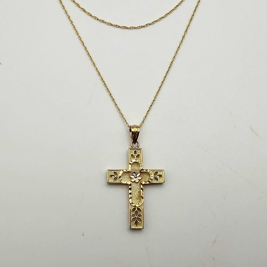 14k Yellow and Rose Gold Rose Cross Necklace, Vintage Estate Jewelry ...