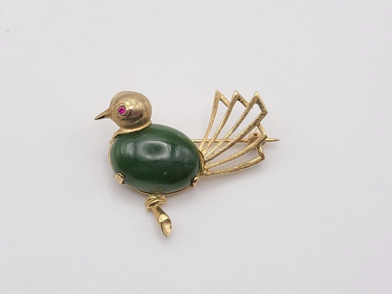 Jade Bird Pin, 14k Yellow Gold, Vintage Bird Brooch, … - Gem