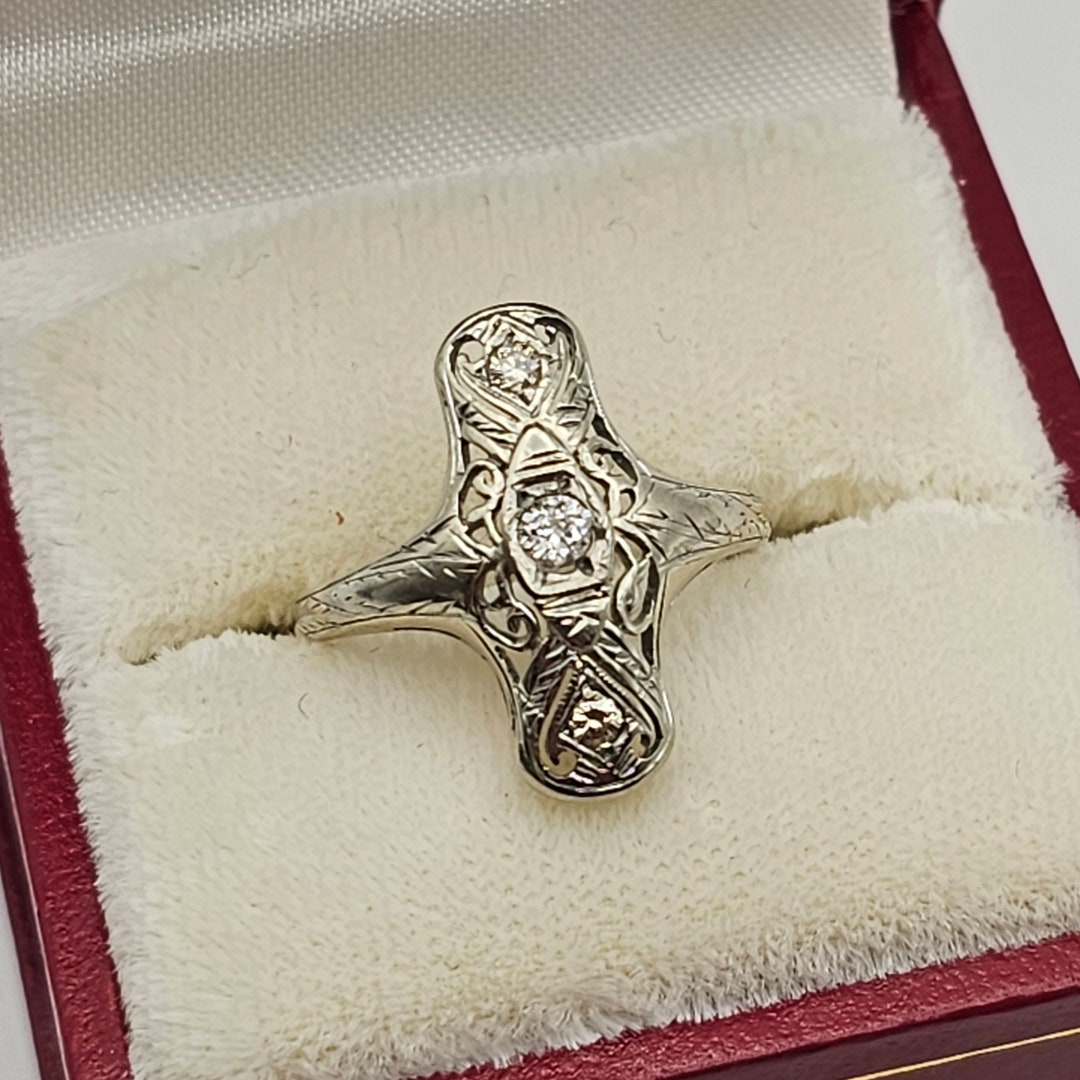 Old Mine Cut Diamond Filigree Ring in 17.9 White Gold, 0.16 CTW Natural ...