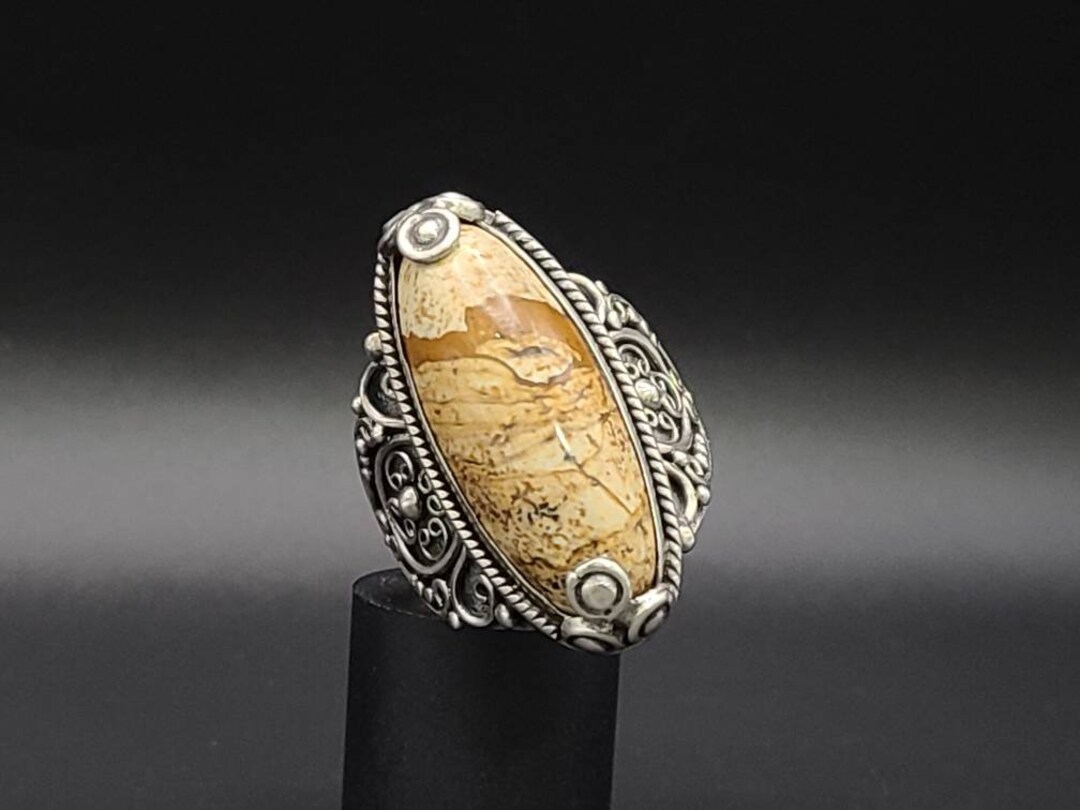 Oblong Jasper Ring Ornate 3D Scroll Work Ring Handmade - Etsy