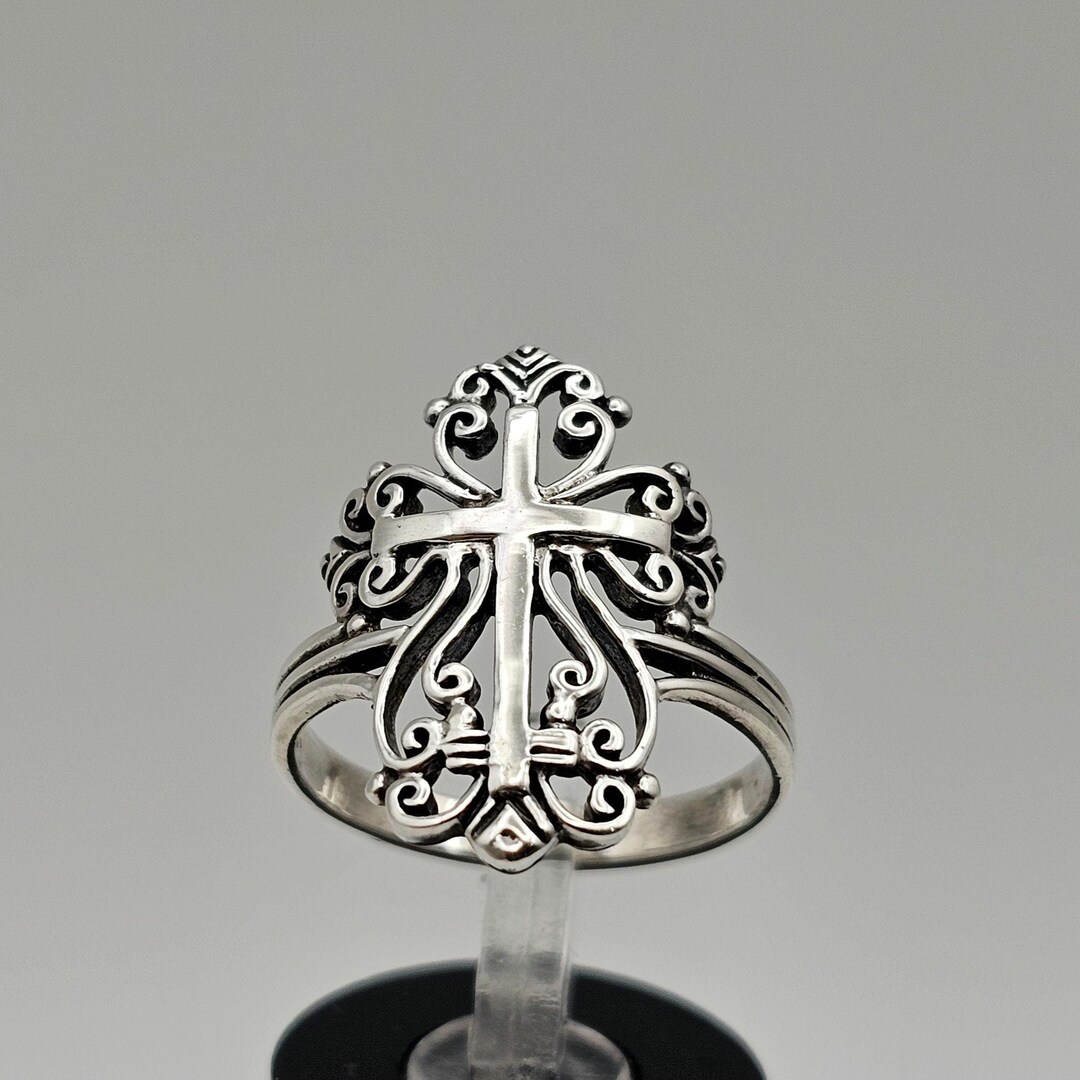 Open Scroll Work Cross Ring in 925 Sterling Silver, Religious Jewelry Gift for Her, Vintage ...