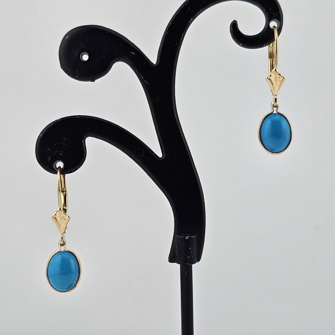 Vintage 14k Yellow Gold Turquoise Drop Earrings – Oval Cabochon Bezel ...