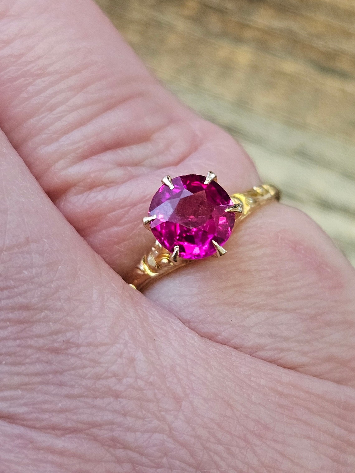 Vintage 14k Yellow Gold Red Glass Ring: Round Cut Solitiare - Size 5 ...