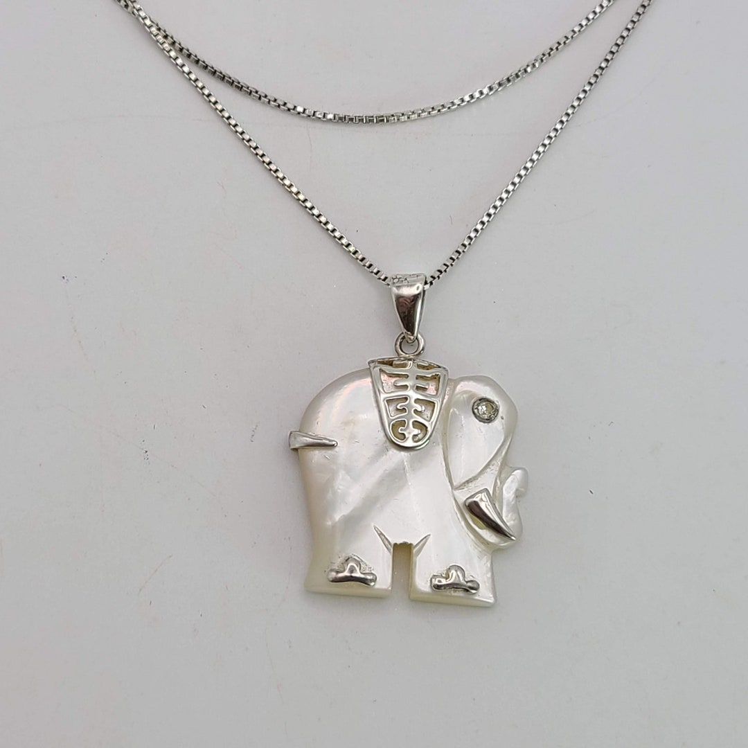 Mother of Pearl Elephant Necklace, 925 Silver, Hand Carved MOP Necklace ...