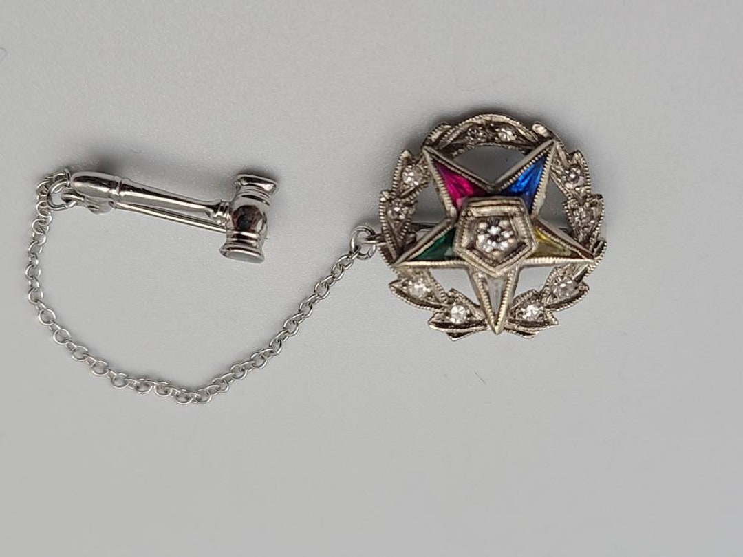 14k White Gold Order of the Eastern Star Diamond Brooch, Fraternal ...