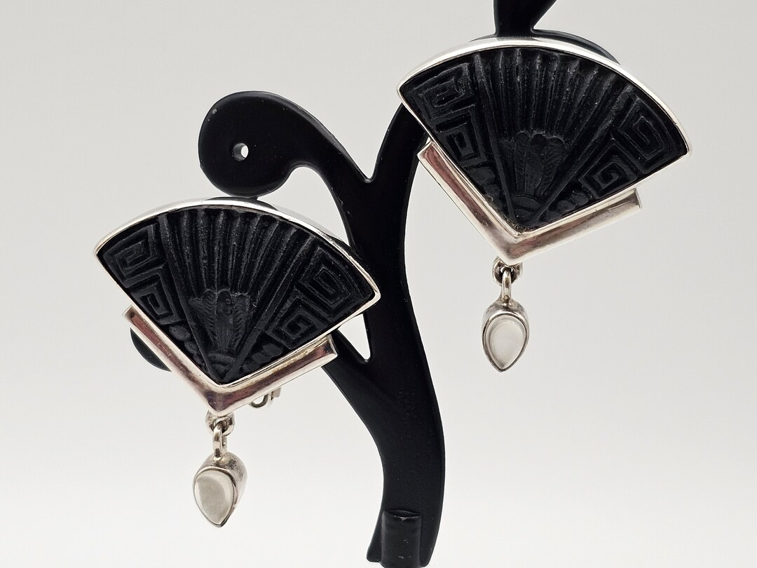 Carved Jet and Moonstone Earrings in Sterling Silver, Designer Sajen ...