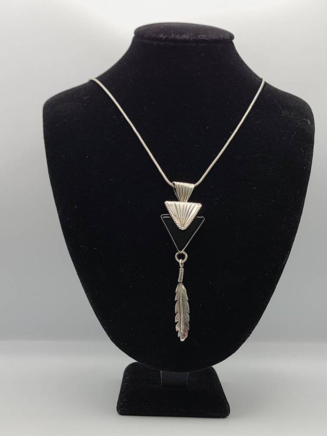Black Onyx Feather Necklace in 925 Silver, Artisan Signed CAST, Native ...
