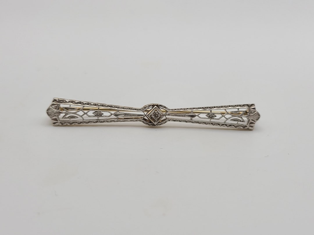 Antique Art Deco 14k Gold Filigree Bar Pin, Diamond Accent Bow Brooch ...