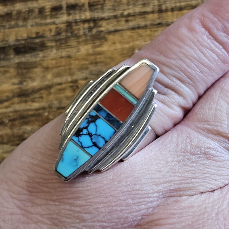 Vintage Ray Tracy Turquoise and Coral Ring - 925 Sterling Silver - Size ...