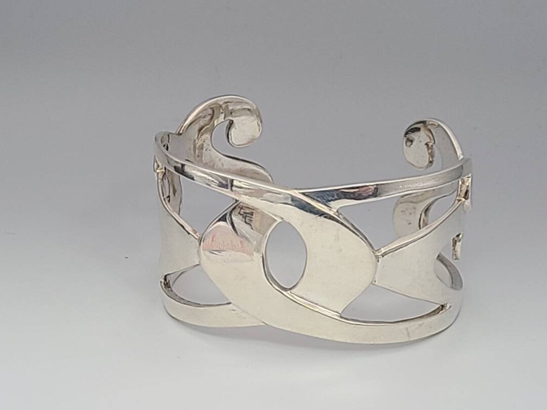 Artisan Signed WM Cuff Bracelet, 925 Silver Symmetrical Openwork Cuff ...