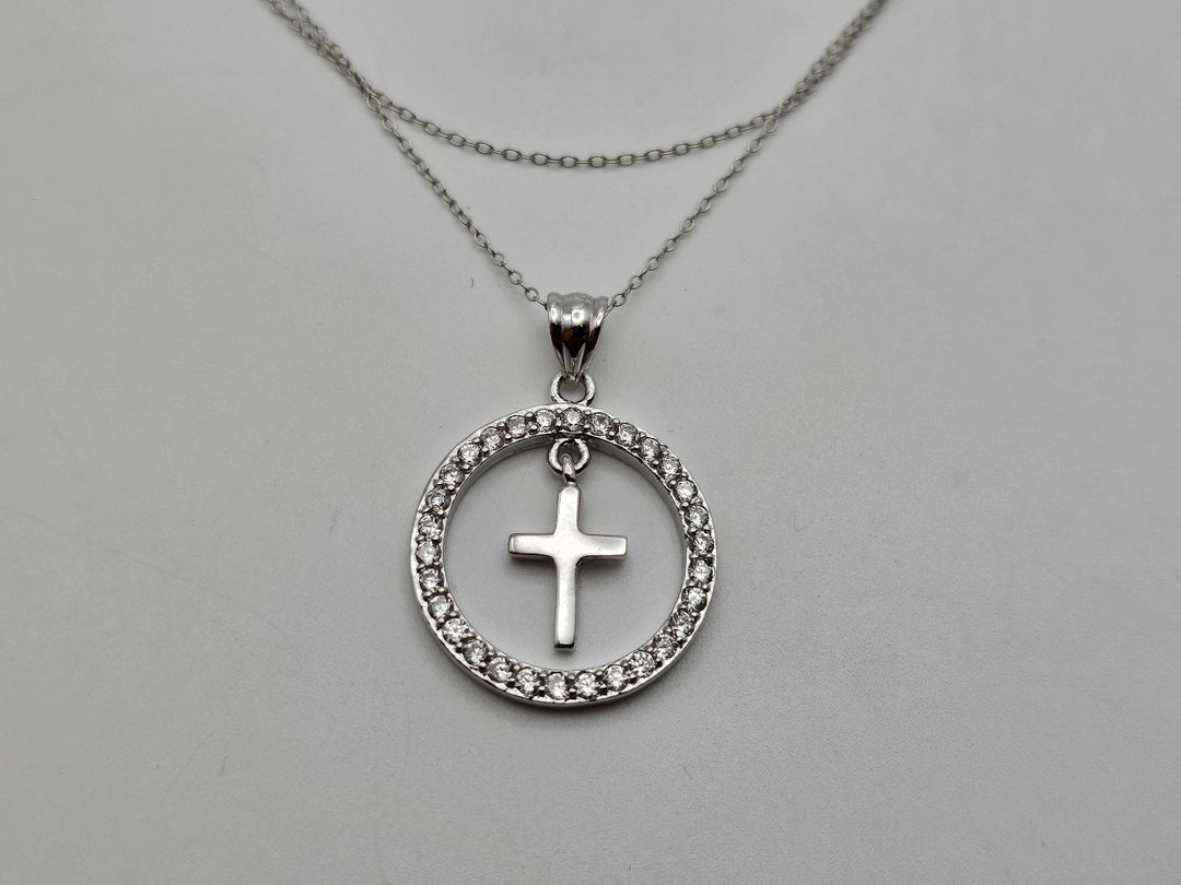 Cubic Zirconia Circle Cross Necklace 925 Sterling Silver CZ Religious ...