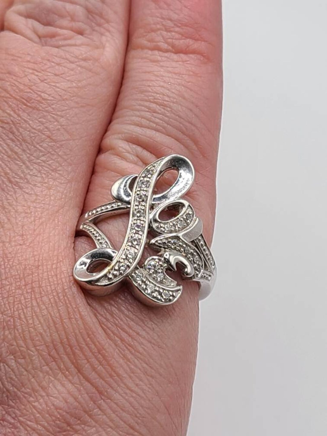Cubic Zirconia Love Ring in 925 Silver, Elegant Script Design, CZ Ring ...