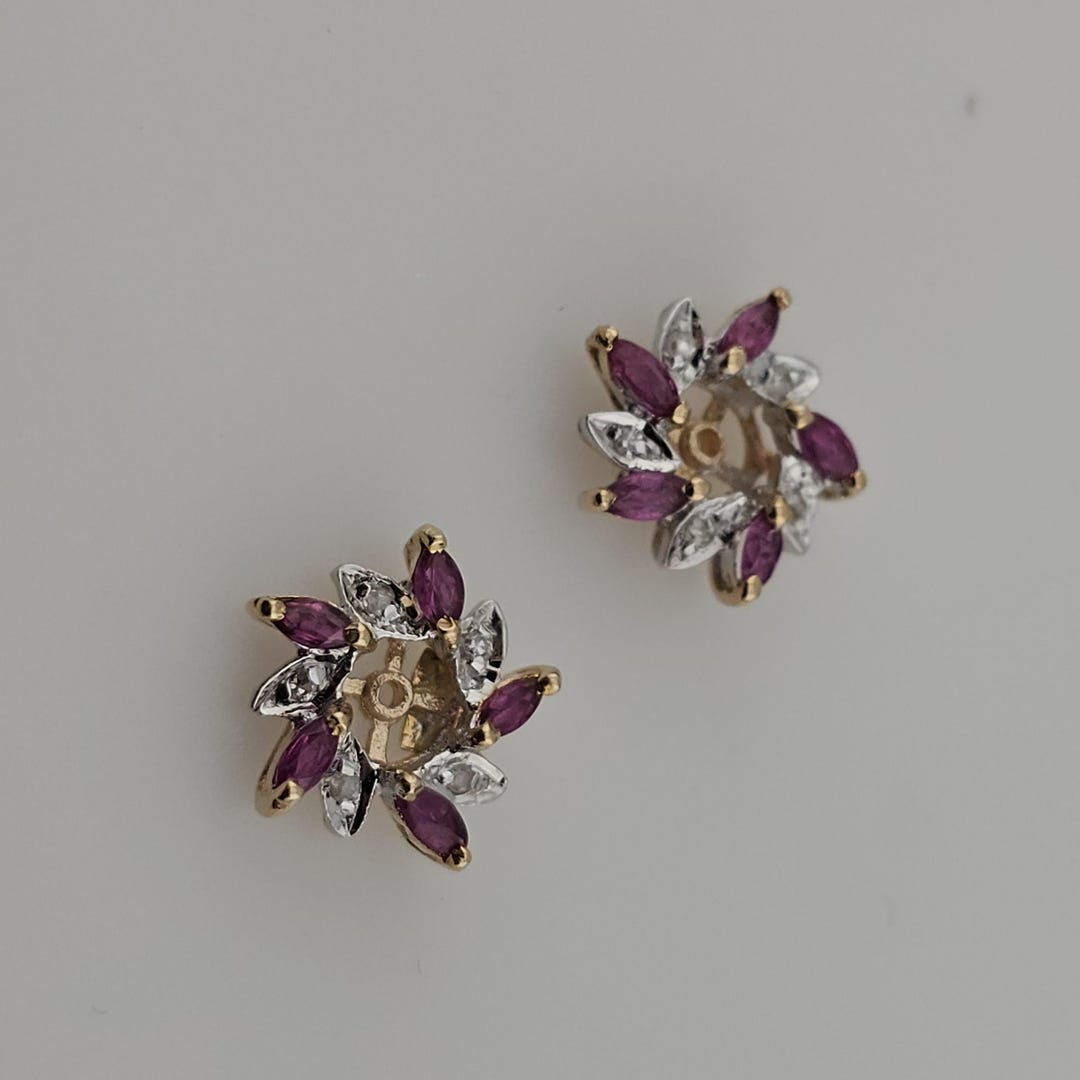 Vintage Ruby Diamond Ear Jackets 14k Yellow Gold 0.61 CTW Marquise Cut ...