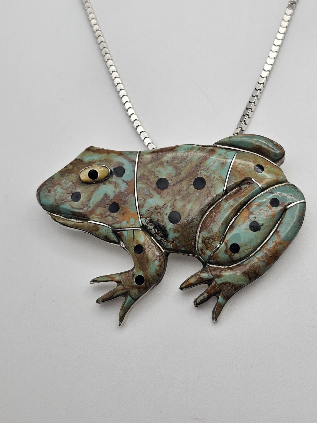 Sterling Silver Turquoise Onyx and Mother of Pearl Frog Necklace ...