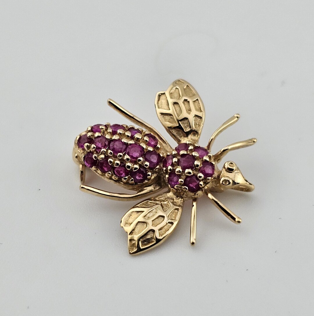 Vintage Ruby Bee Pin 14k Yellow Gold Petite Insect Brooch Estate ...