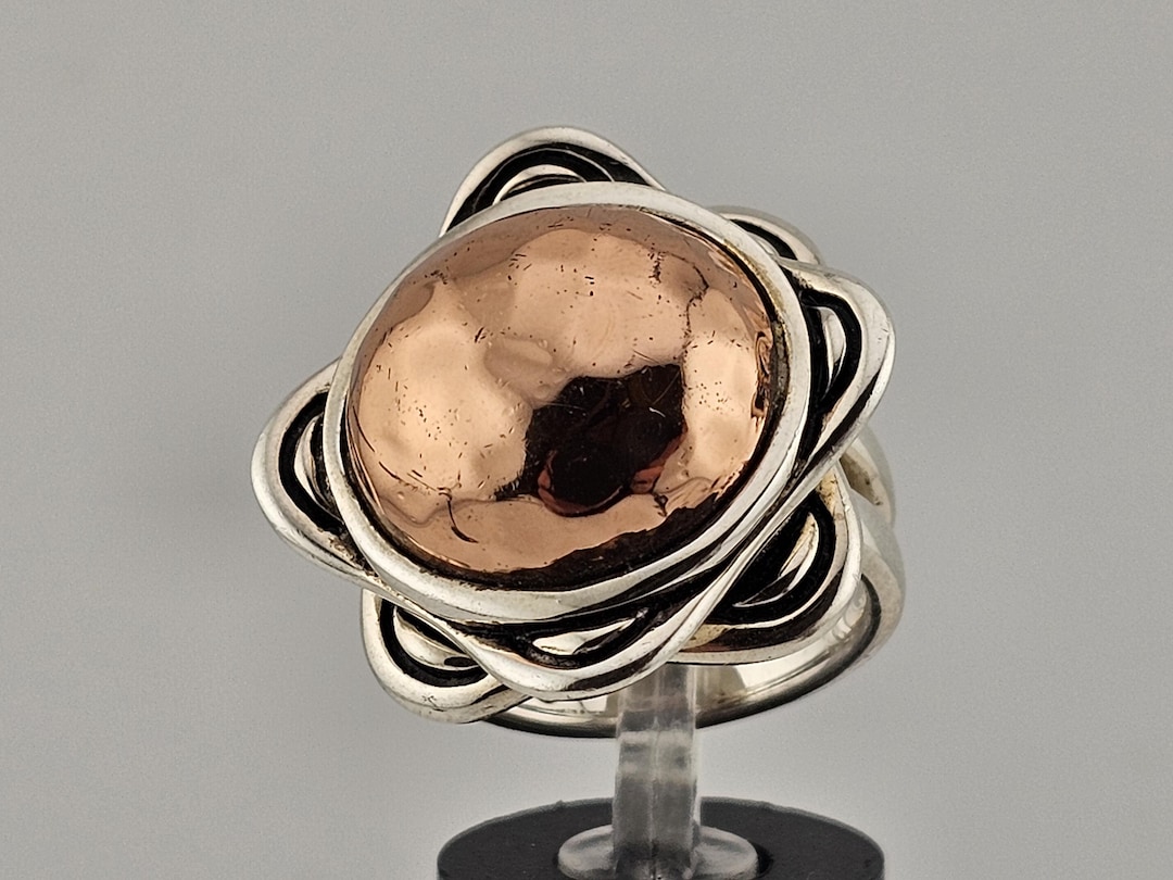 Hammered Copper Domed Abstract Floral Ring 925 Sterling Silver ...