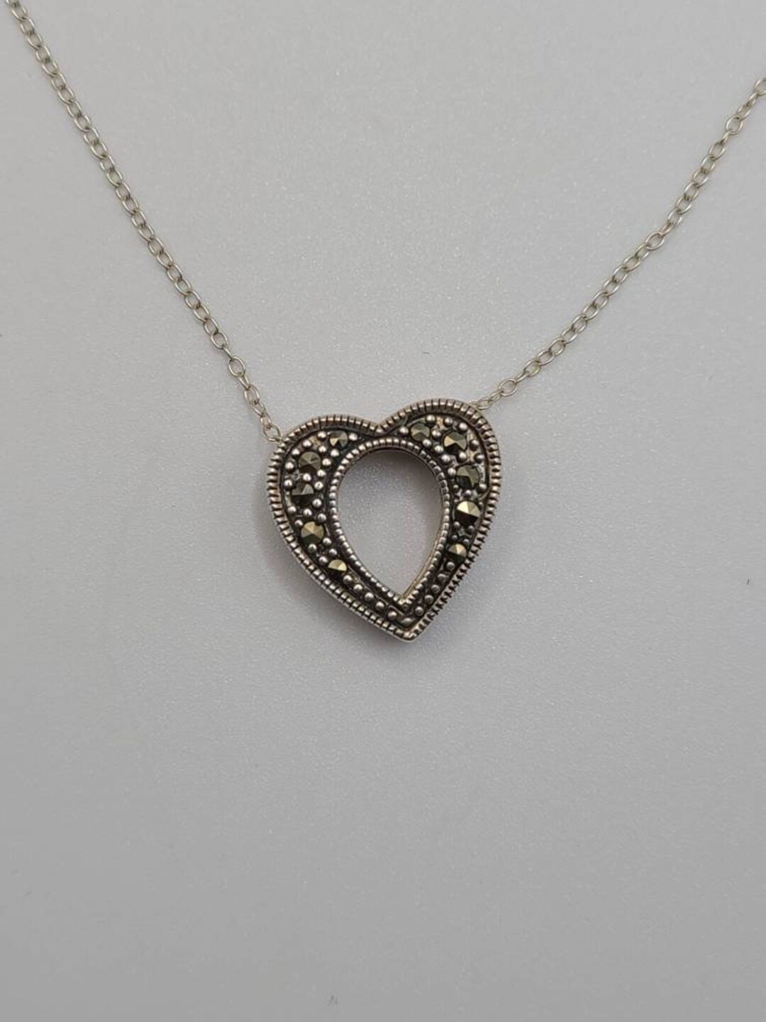 Vintage 925 Sterling Silver Marcasite Heart Necklace - Estate Jewelry ...