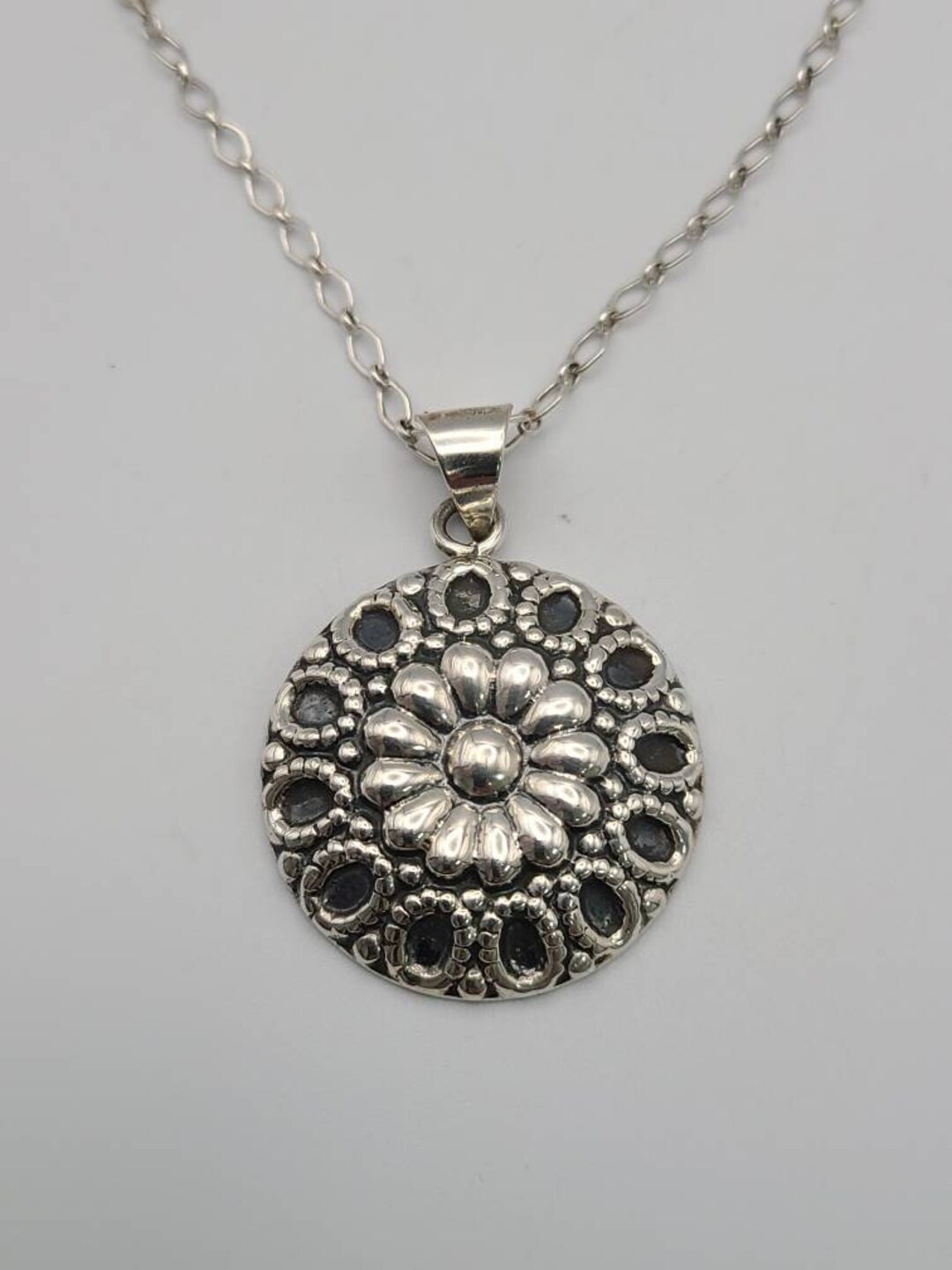 Floral Motif Medallion Necklace 925 Sterling Silver, Mexican Artisan ...