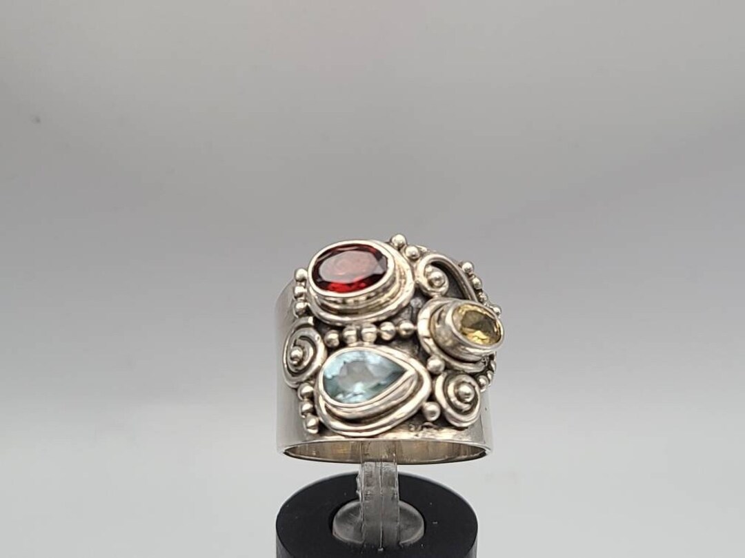 Wide Multi-gem Ring in 925 Silver, Garnet, Blue Topaz, and Citrine Band ...
