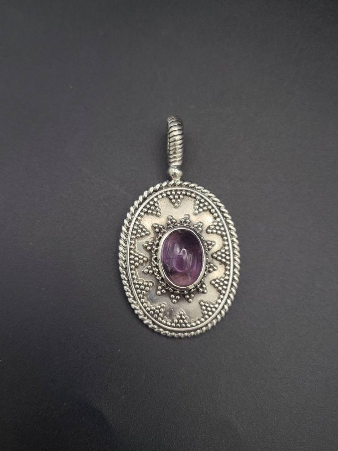 Ornate Bali Style Amethyst Gemstone Pendant in 925 Silver, Designer ...