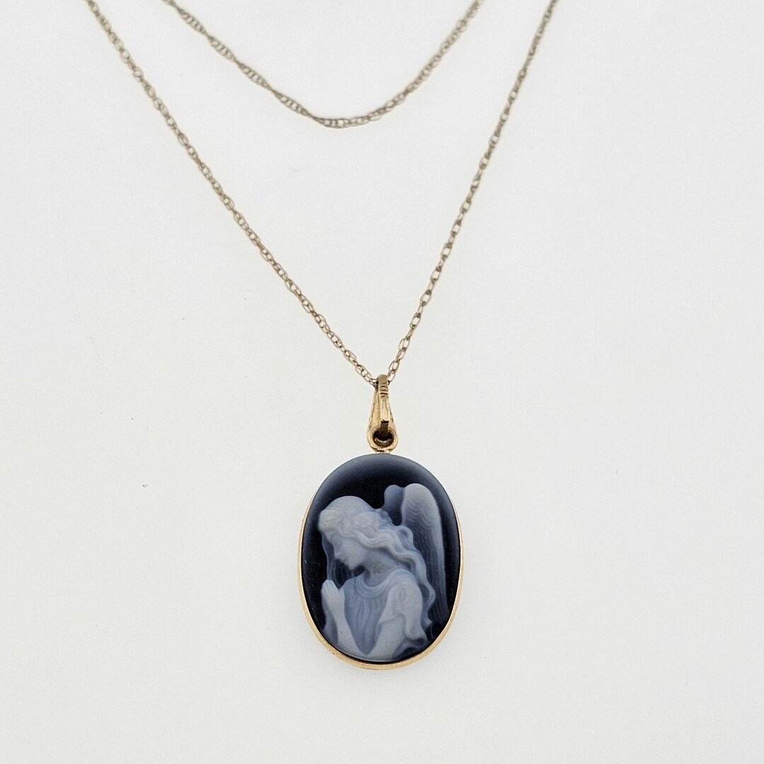 Vintage Guardian Angel Necklace 10k Yellow Gold Carved Blue Agate Onyx ...