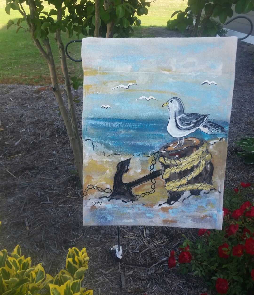 Beach Scene Flags, Hand-painted Flags, Nautical Yard Art, Beach and ...
