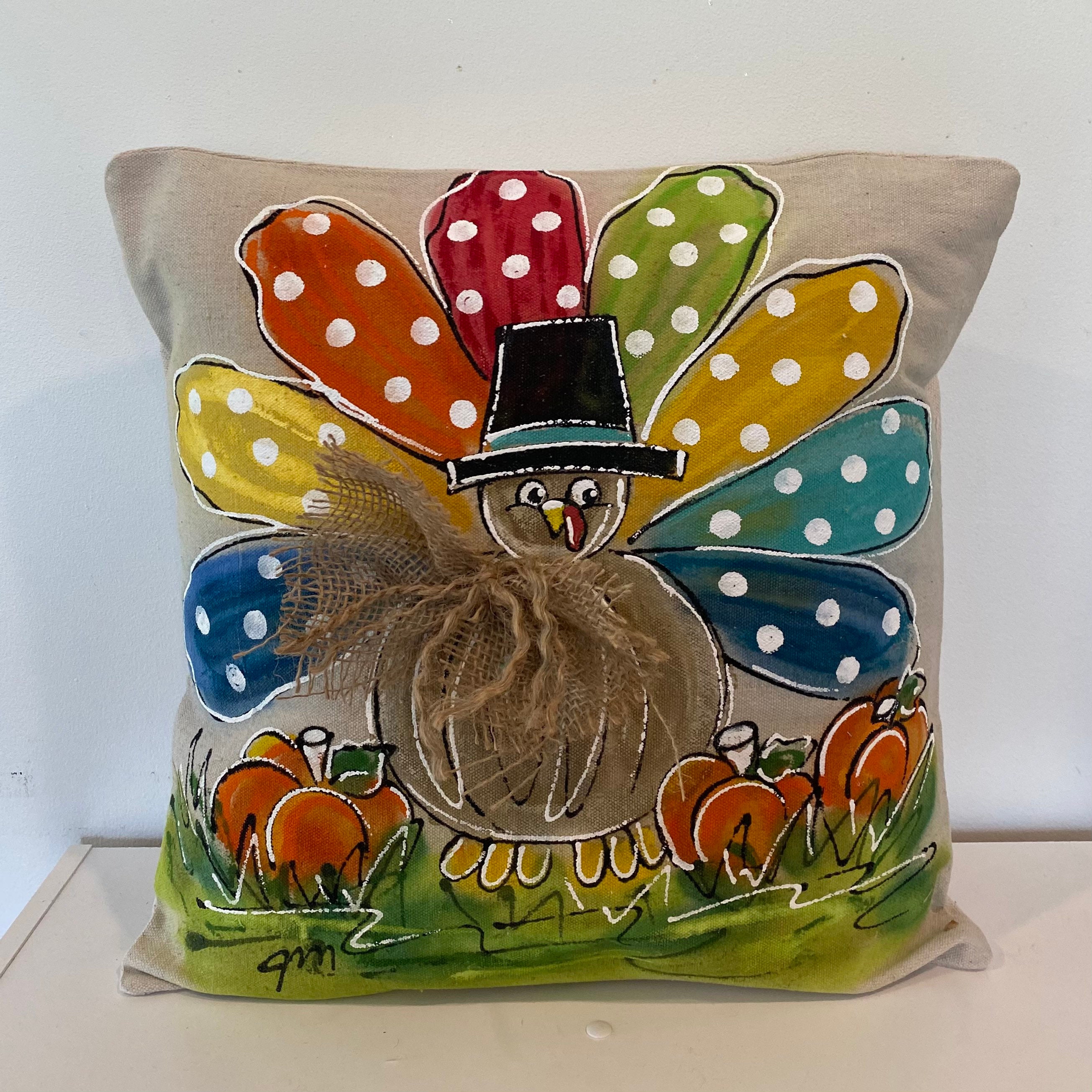 Turkey, Colorful, Polka-dot, Fall Pillows, Thanksgiving, Hand-painted ...
