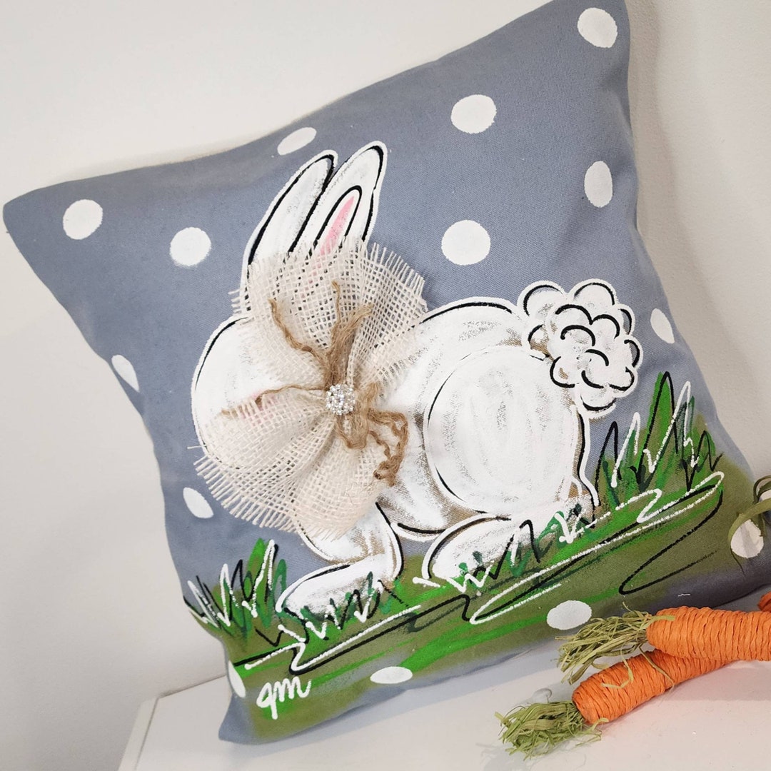 White Bunny Rabbit on Blue Hand-painted Pillow Cover - Etsy