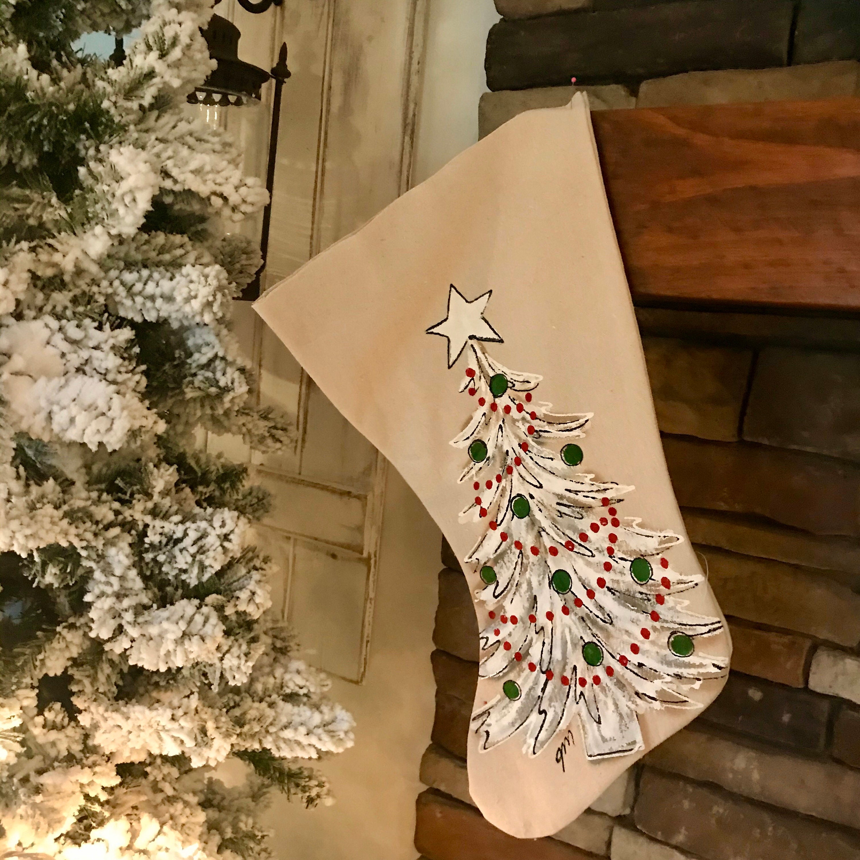 Christmas Tree Stocking, Hand-painted, Mantel Decor, Holiday Decorating ...