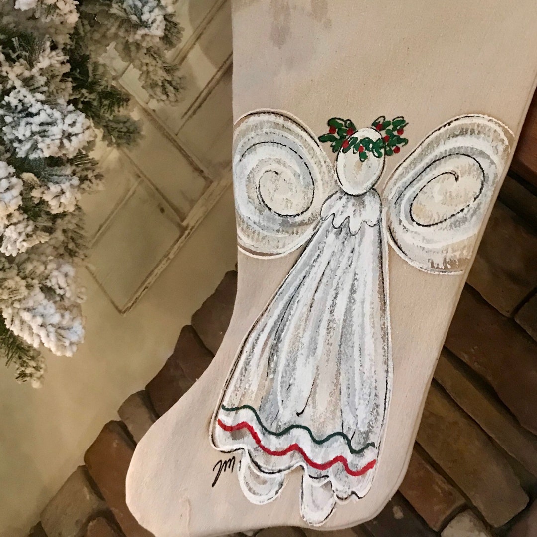 Angel Christmas Stocking, Hand-painted, Mantel Decor, Holiday ...