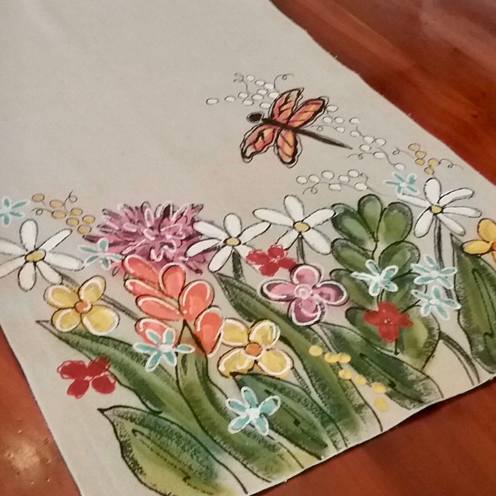 Flower Garden Runner Dragonfly Handmade Hand-painted Table | Etsy