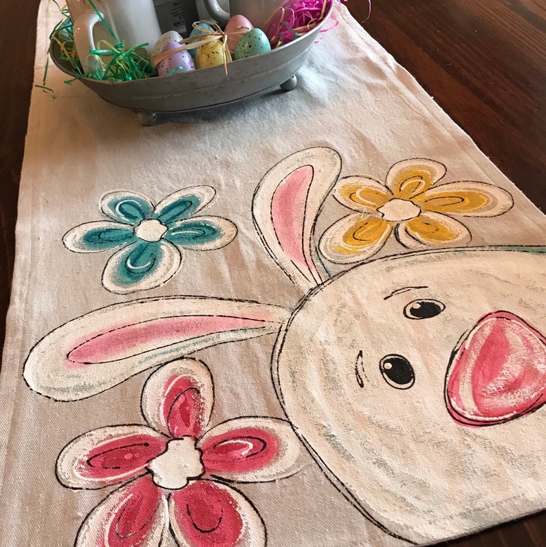Bunny Table Runner Easter Linen Hand-painted Handmade - Etsy
