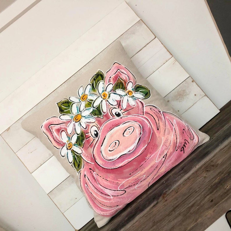 Whimsical Pig With Garland Pink Pig Hand-painted Pillows - Etsy