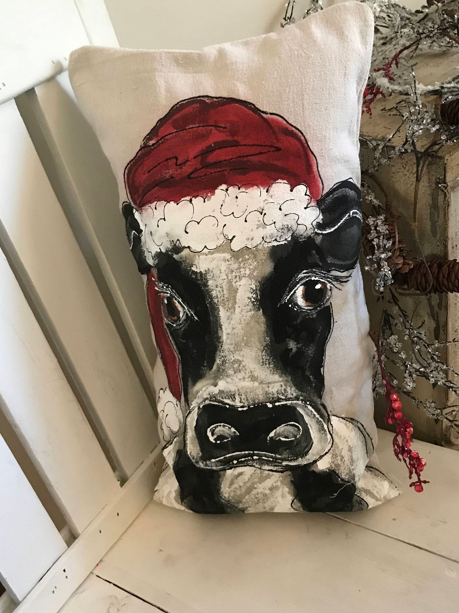 Christmas Holstein, Lumbar, Santa Hat, Christmas, Hand-painted ...