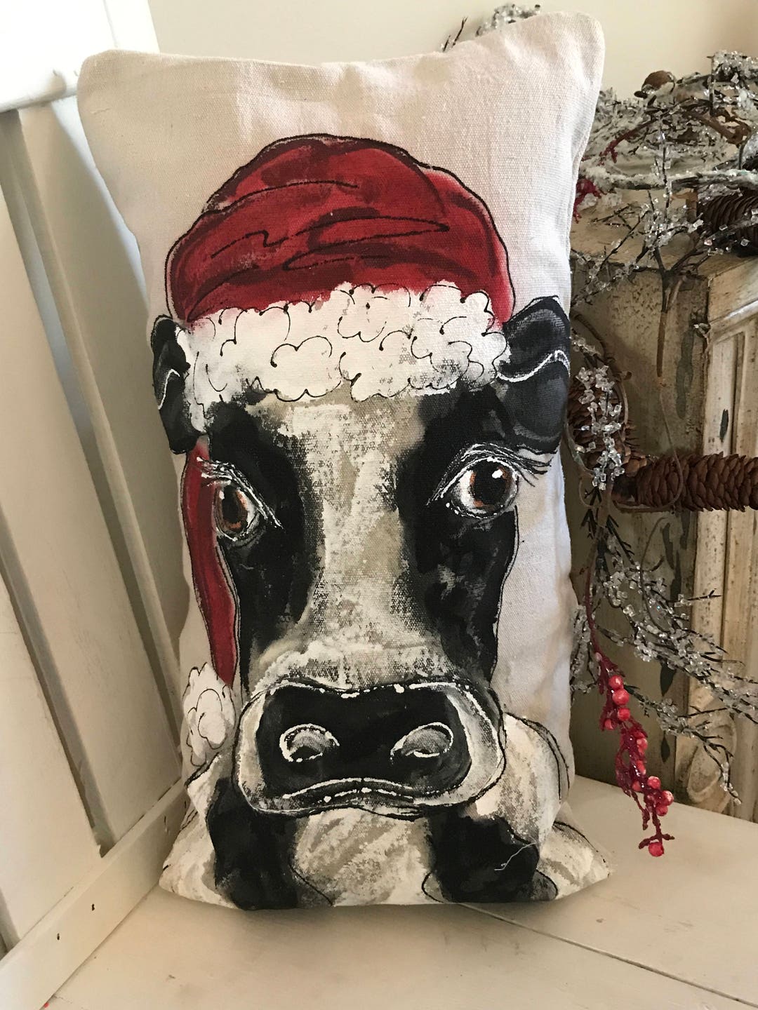 Christmas Holstein, Lumbar, Santa Hat, Christmas, Hand-painted ...