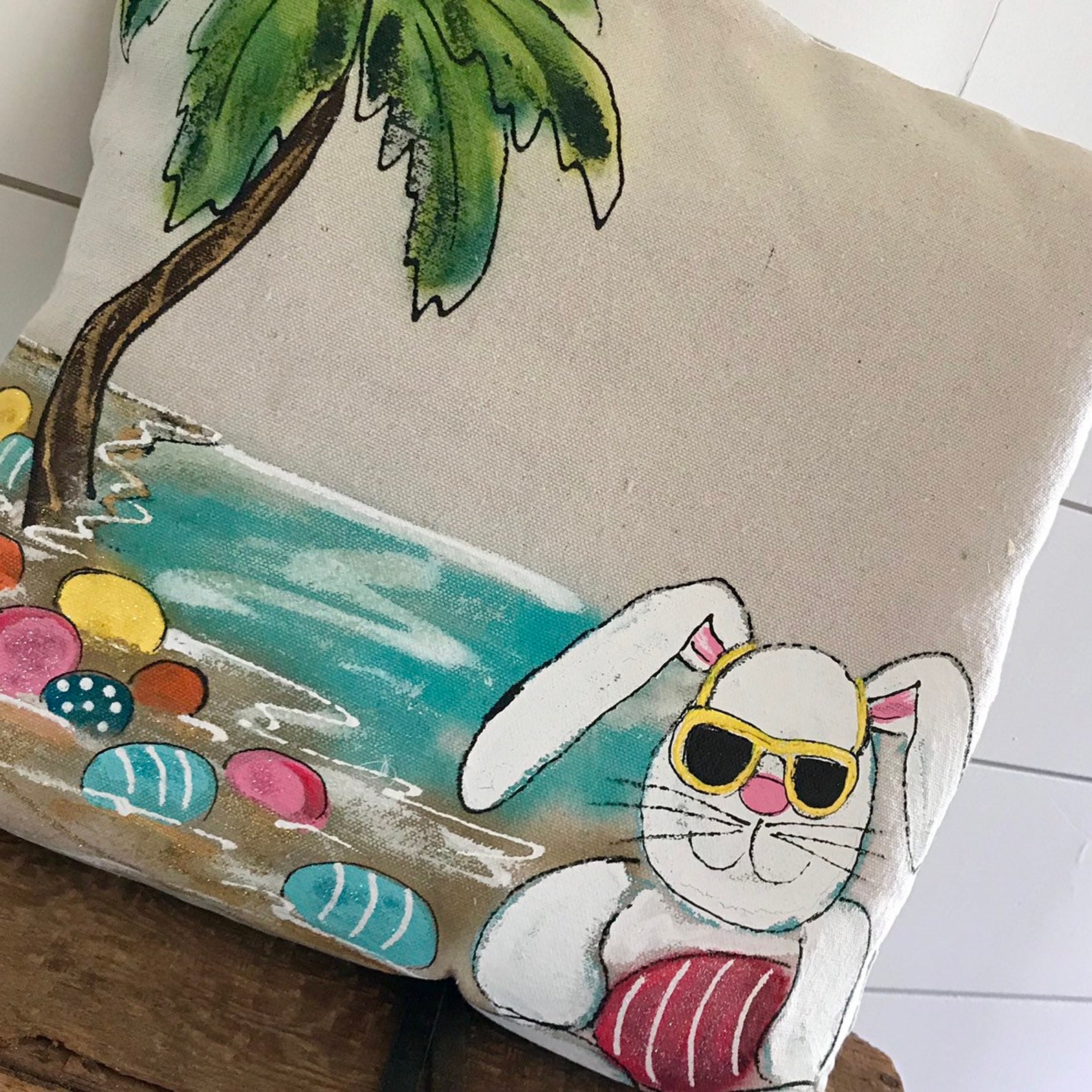 Palm Tree With Easter Eggs and Bunny Hand-painted Handmade - Etsy