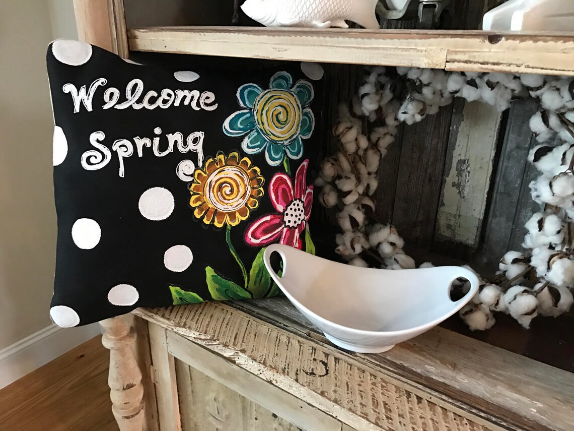 Black Blue Birds Polka Happy Spring Flowers Dots Hand-painted - Etsy