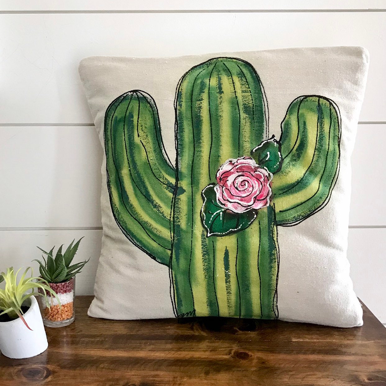 Cactus Decor Hand-painted Succulent Pink Rose Spring | Etsy
