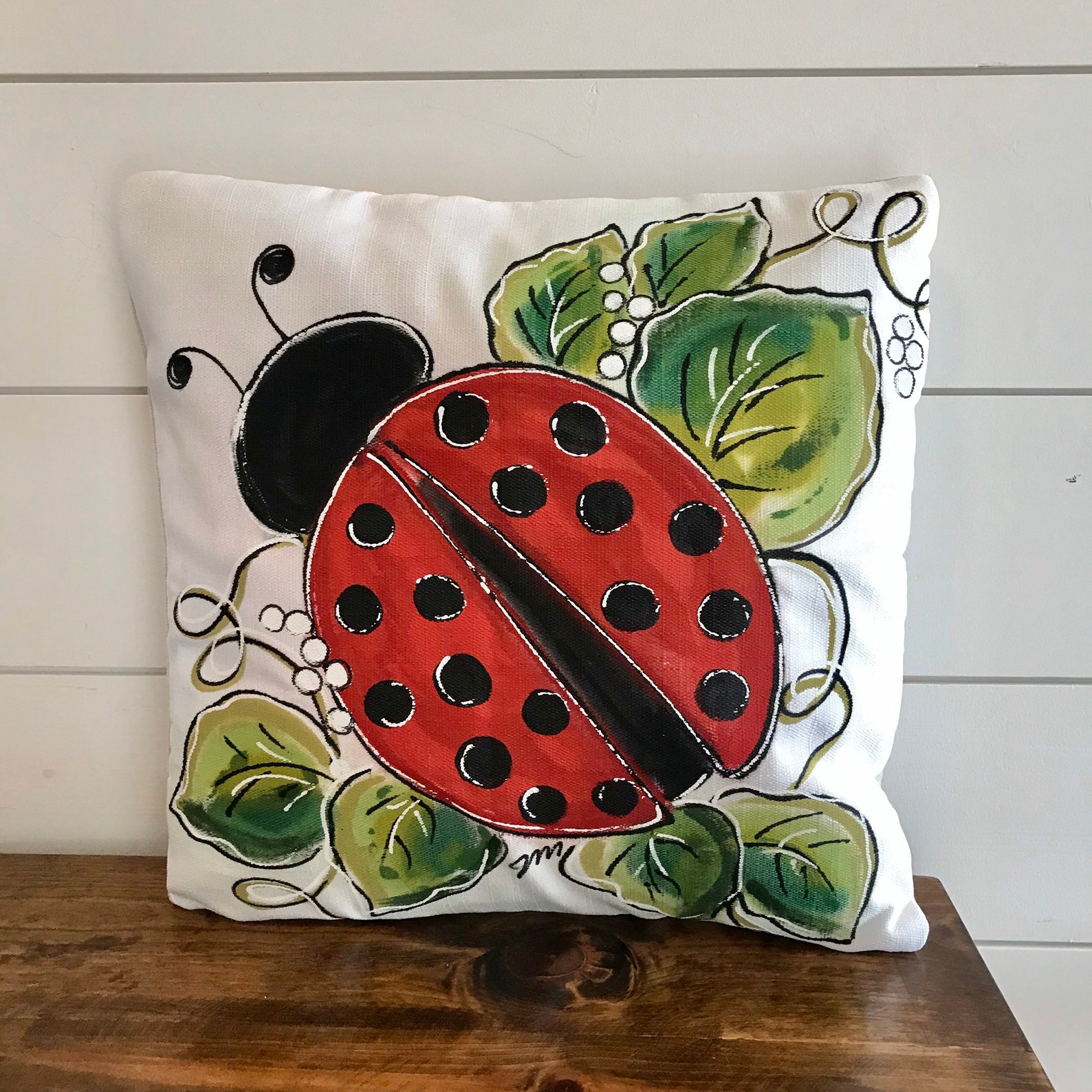 Ladybug Pillow, Red and Black, Spring, Summer, Hand-painted, Pillow ...