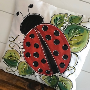 Ladybug Pillow, Red and Black, Spring, Summer, Hand-painted, Pillow ...