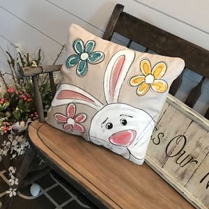 Bunny Pillow, Hand-painted, Sipping Ice Tea, Easter Pillows, Pastel ...