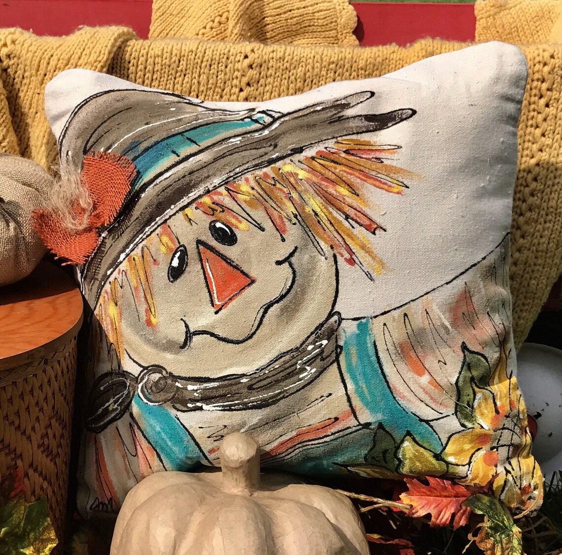 Orange Turquoise Scarecrow Fall Halloween Hand-painted Pillow Cover - Etsy