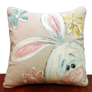 Bunny Pillow, Hand-painted, Sipping Ice Tea, Easter Pillows, Pastel ...