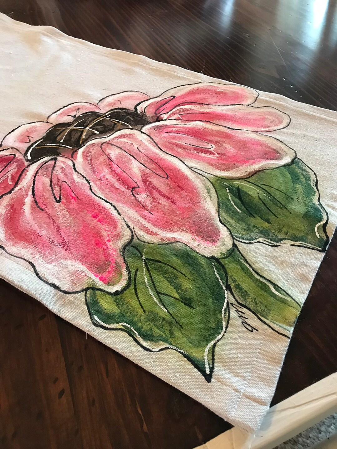 Large Pink Flower Table Runner, Hand-painted, Handmade - Etsy