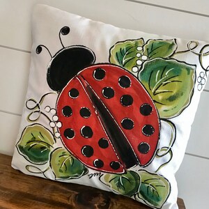 Ladybug Pillow, Red and Black, Spring, Summer, Hand-painted, Pillow ...