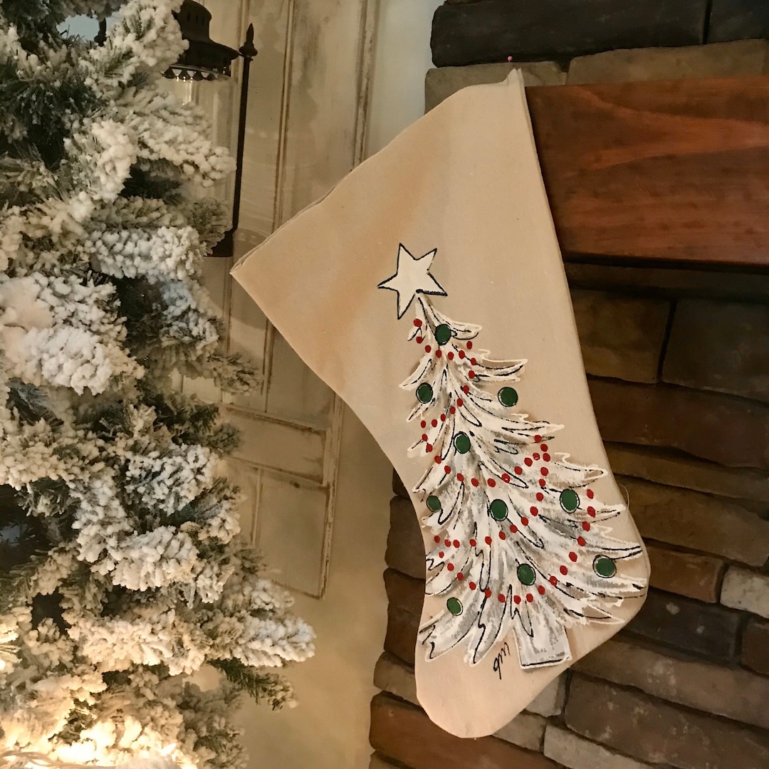 Christmas Tree Stocking, Hand-painted, Mantel Decor, Holiday Decorating ...