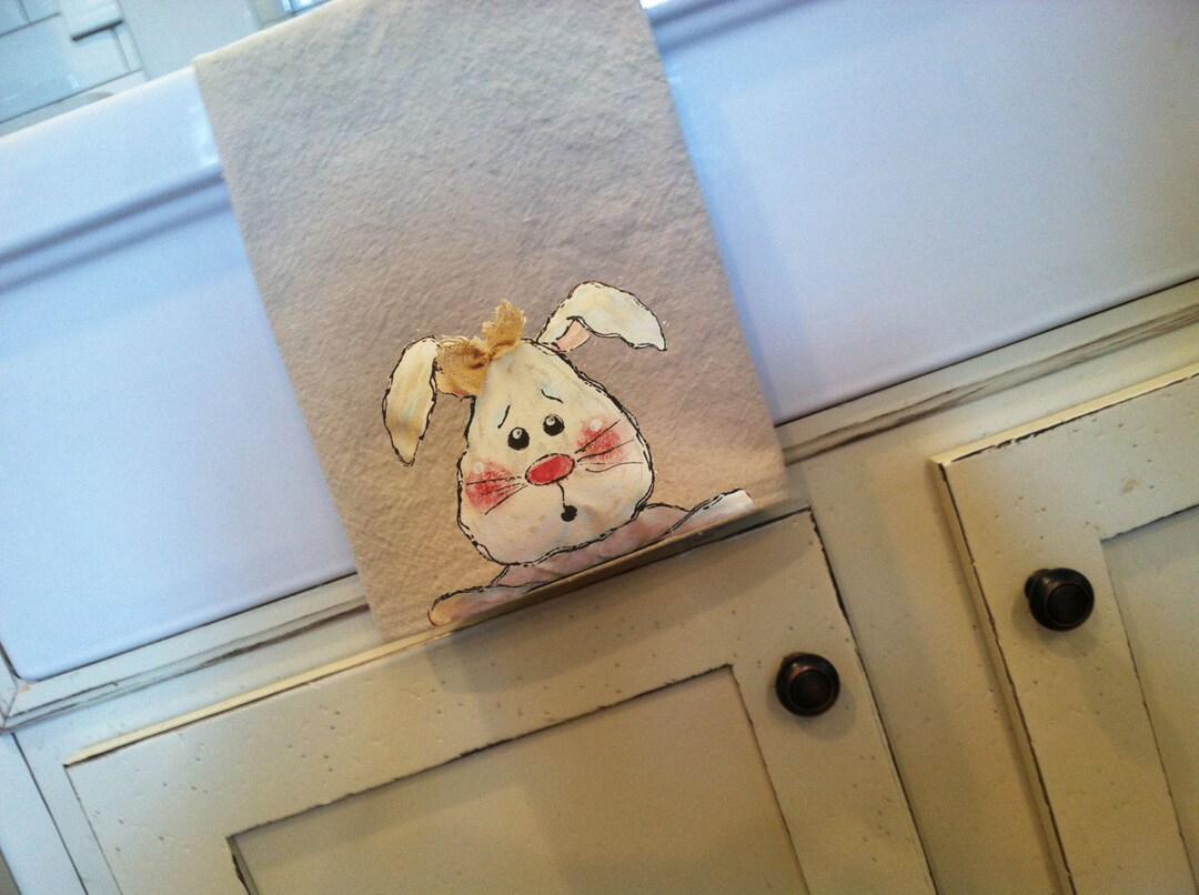 Bunny Tea Towel, Rabbit Decorations, Hand-painted, Easter Kitchen Decor ...